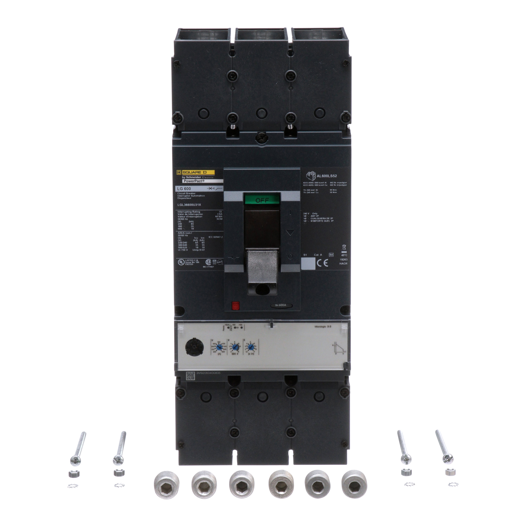 Circuit breaker, PowerPacT L, 600A, 3 pole, 600VAC, 18kA, lugs, M ...