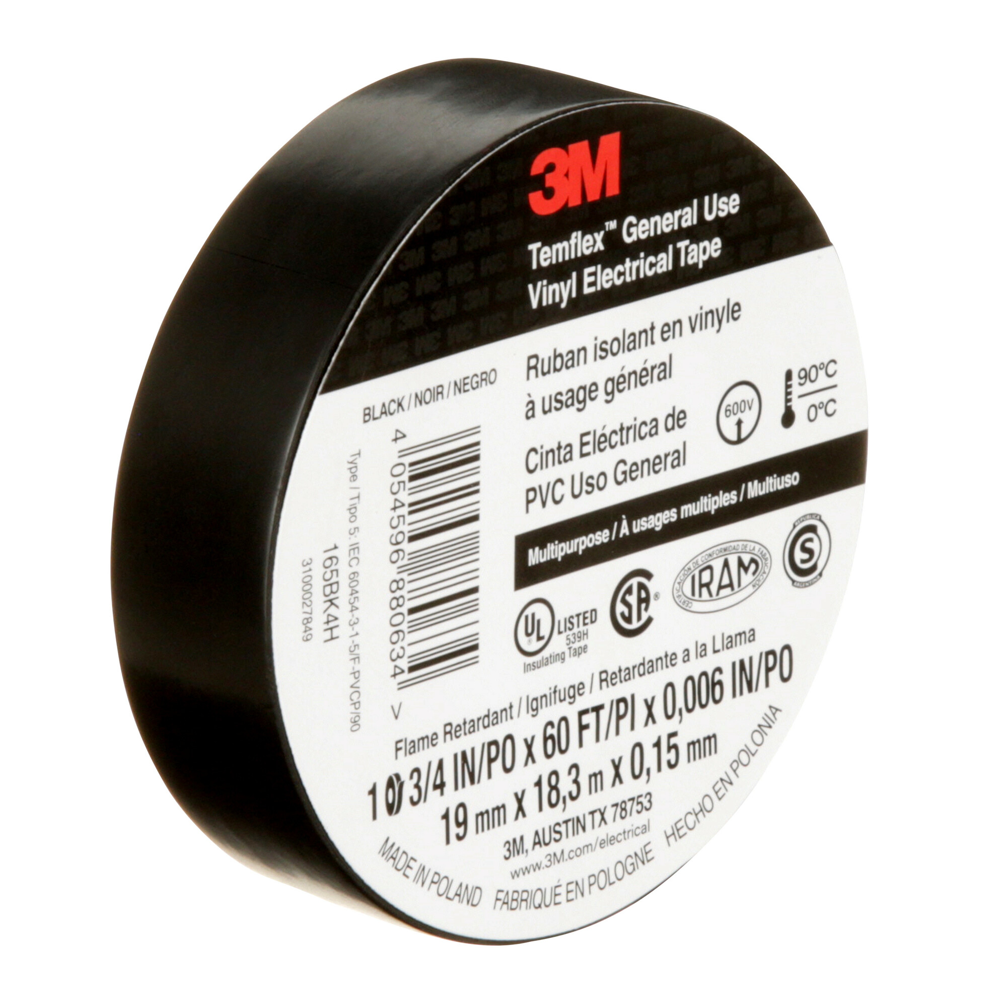 7100169254 TemFlex Vinyl Electrical Tape 165, 3/4 inch x 60 ft, B ...