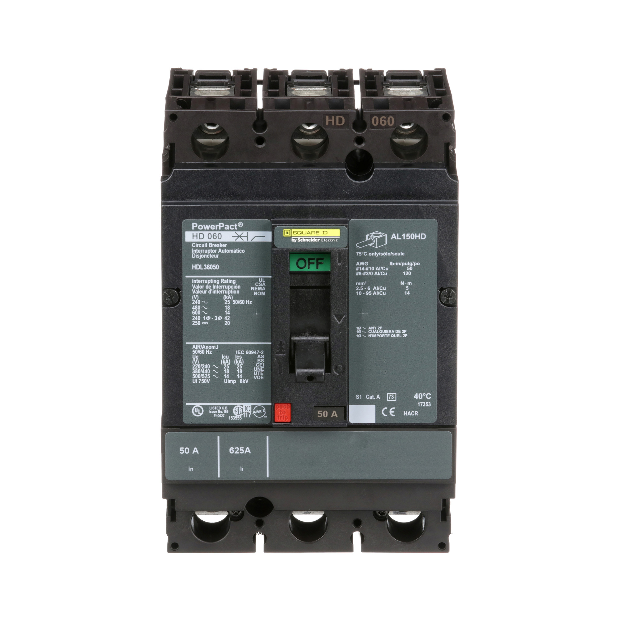 Circuit breaker, PowerPacT H, 50A, 3 pole, 600VAC, 14kA, lugs, th ...