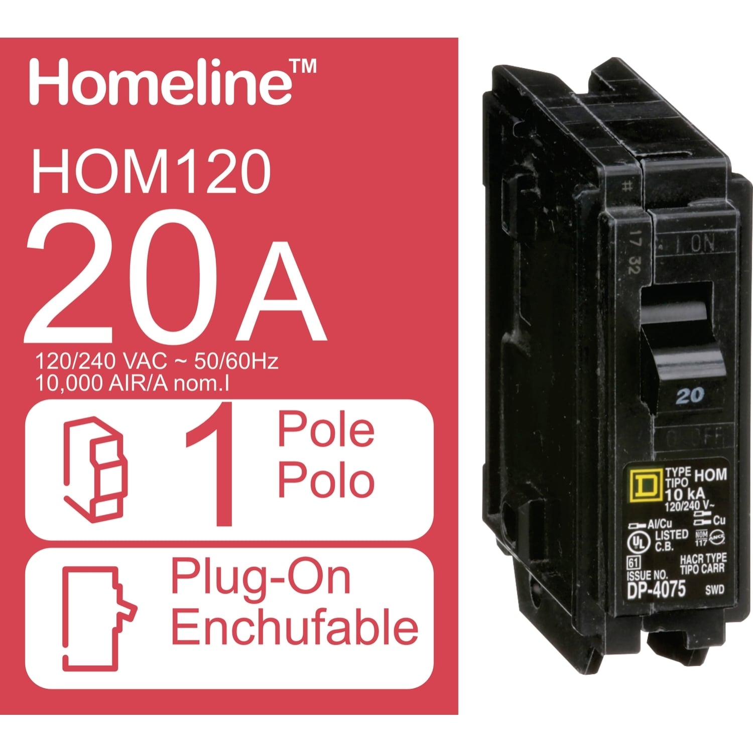 HOM120 Homeline Miniature Circuit Breaker, 20 Amp, 1 Pole, 120/24 ...