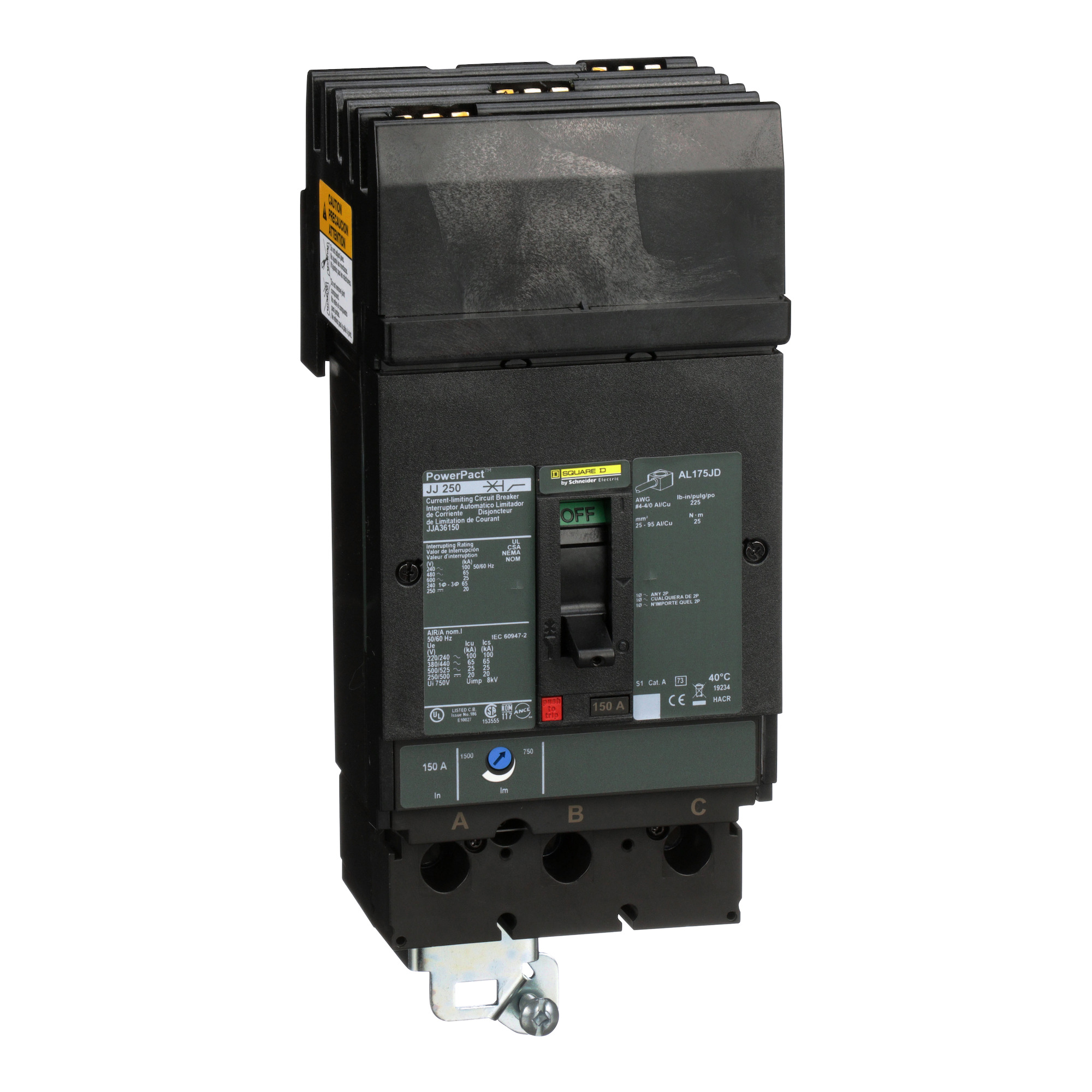 Circuit breaker, PowerPacT J, 150A, 3 pole, 600VAC, 25kA, I-Line ...