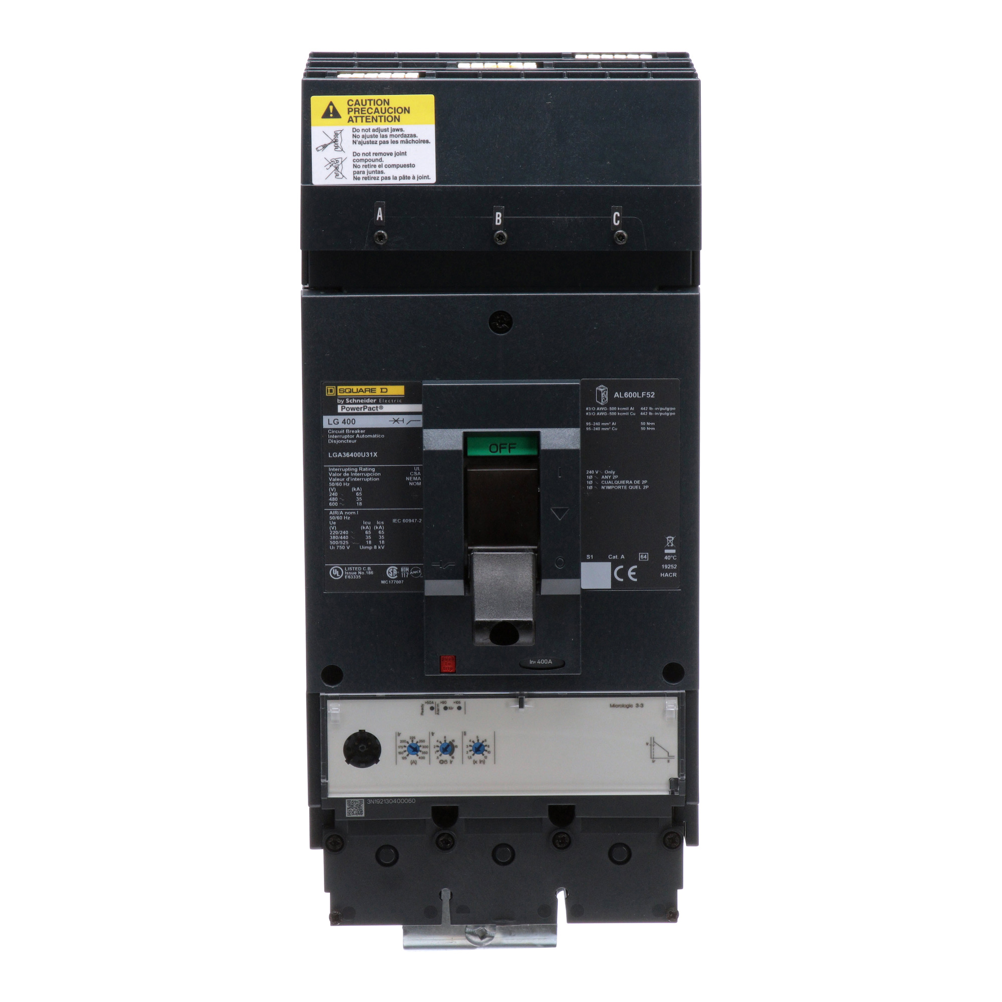 Circuit breaker, PowerPacT L, 400A, 3 pole, 600VAC, 18kA, I-Line ...